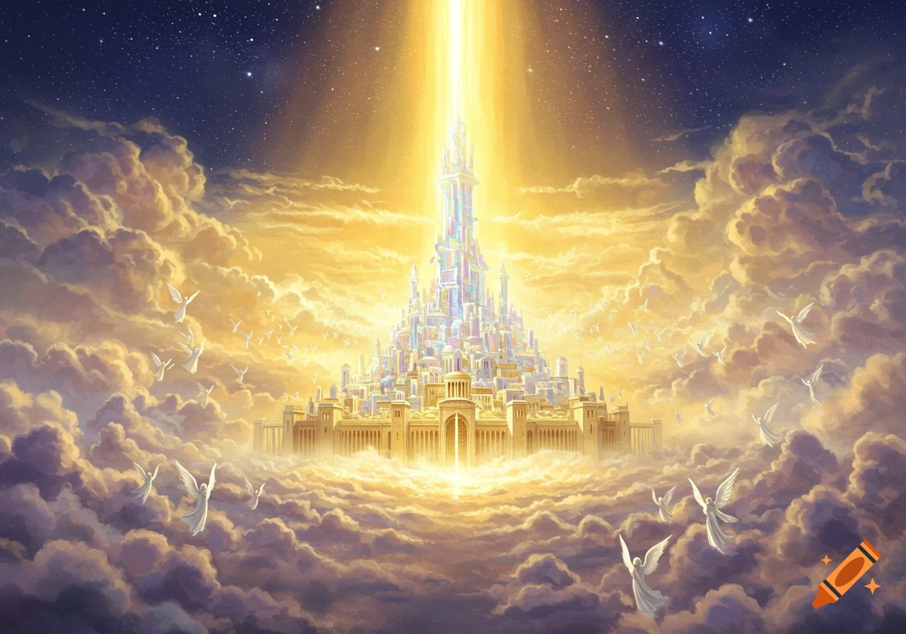 A breathtaking fantasy painting of a majestic golden-domed temple on a ...