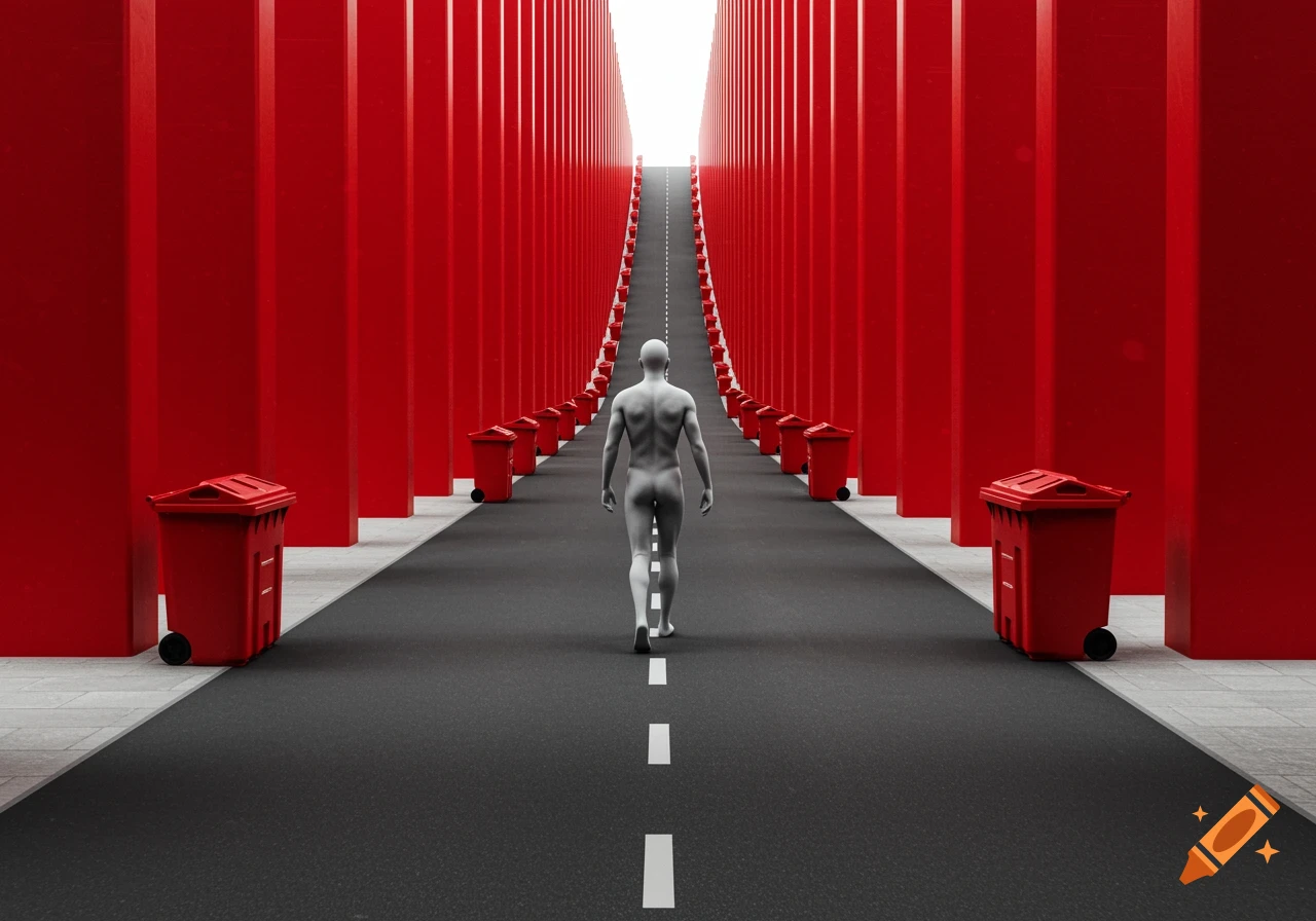 A textureless grey man walks down an infinite street lined with bright ...