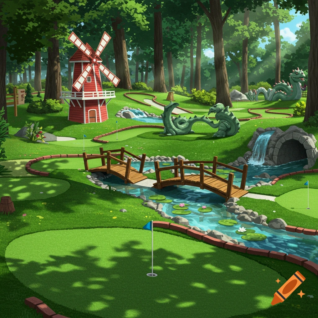 Illustrated mini-golf course with a red windmill, green dragon statues, wooden bridges ...