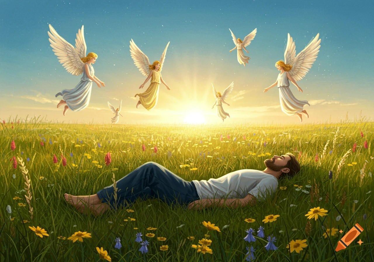 A man lies in a sunlit wildflower field, looking up at several angels with large white wings ...