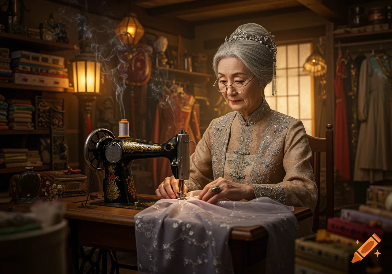 An elderly woman sews on an antique sewing machine in a dimly lit ...