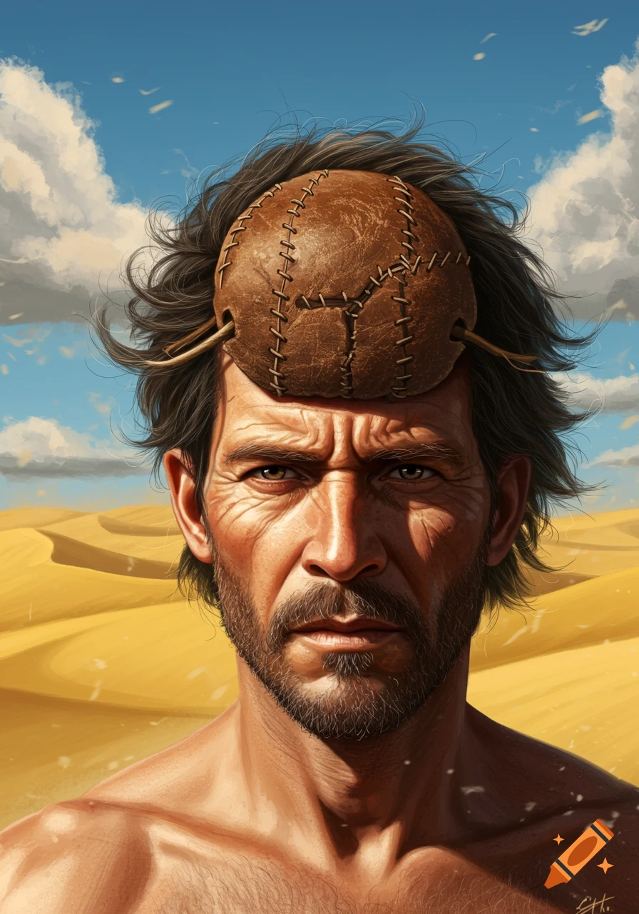 A detailed portrait of a rugged man wearing a leather sack on his ...