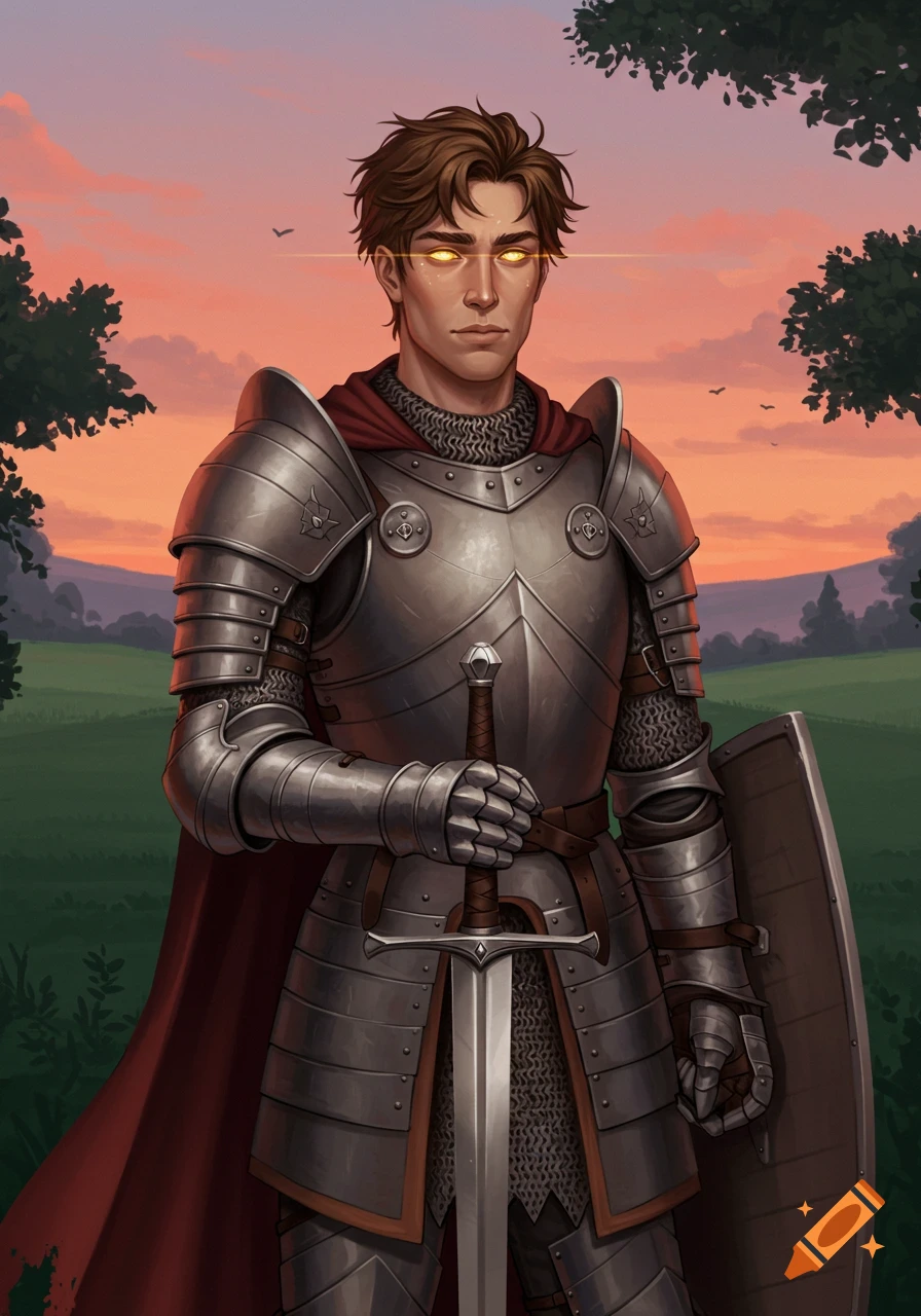 A young knight in full plate armor with glowing golden eyes holds a ...