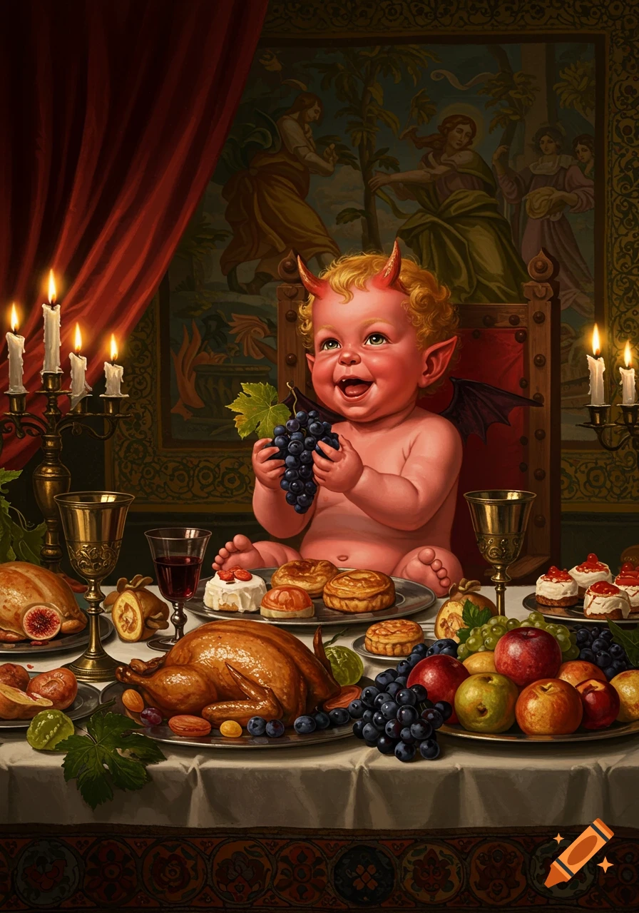 A smiling, red baby devil with golden wings sits on a table filled with ...