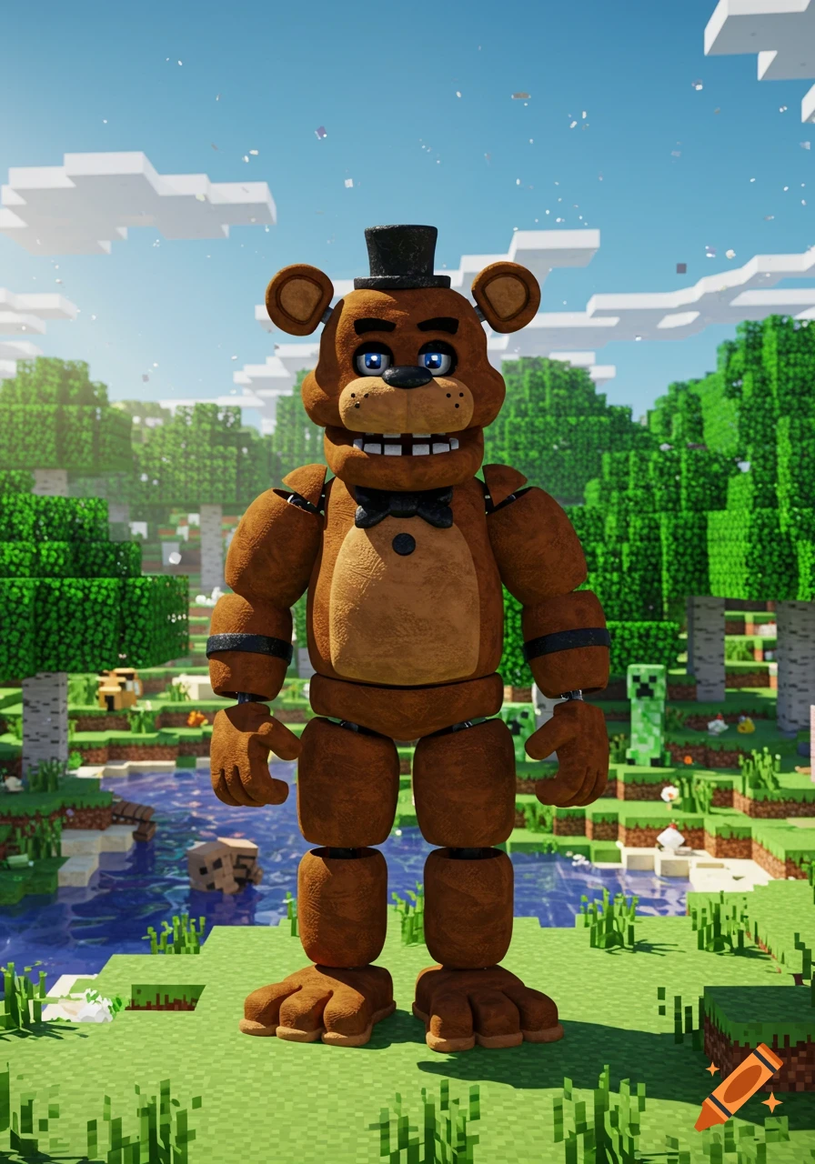 Freddy Fazbear standing in a blocky Minecraft world with trees, water ...