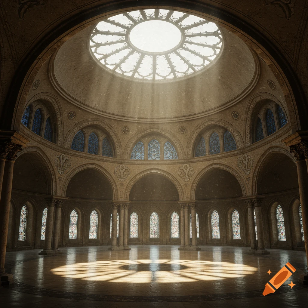 A grand, empty hall with a high domed ceiling, large round skylight, stained glass windows, and ...