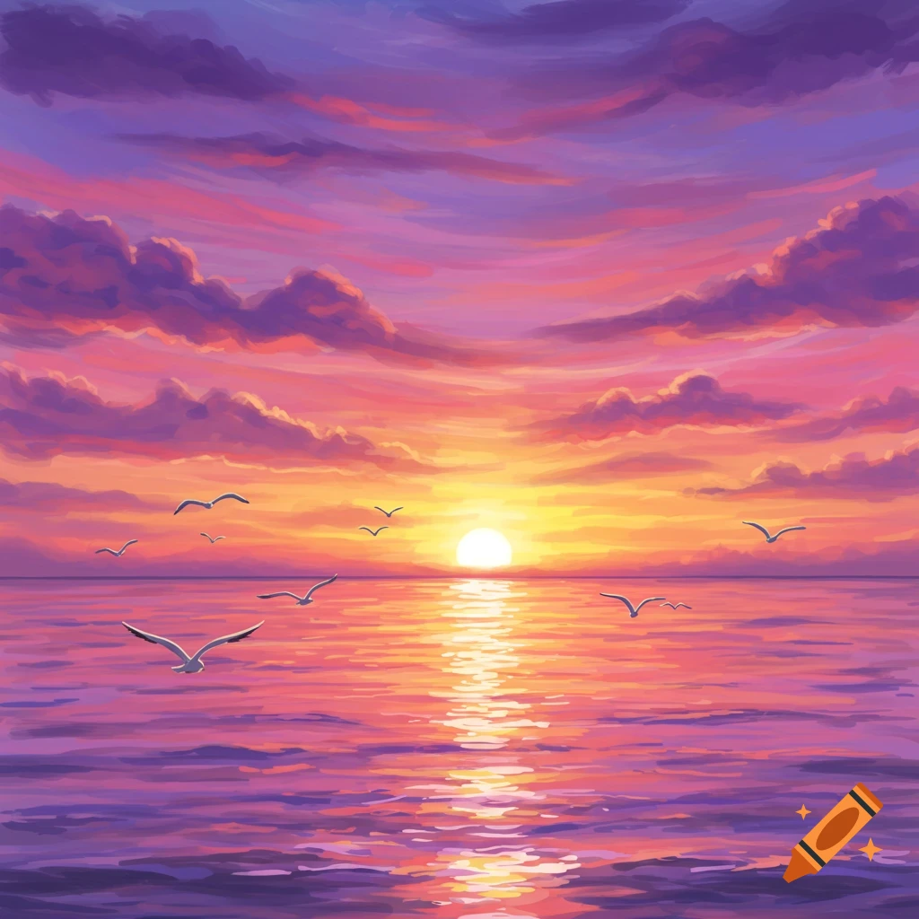 Vibrant digital painting of a sunset over the ocean with pink, purple, orange, and yellow clouds ...
