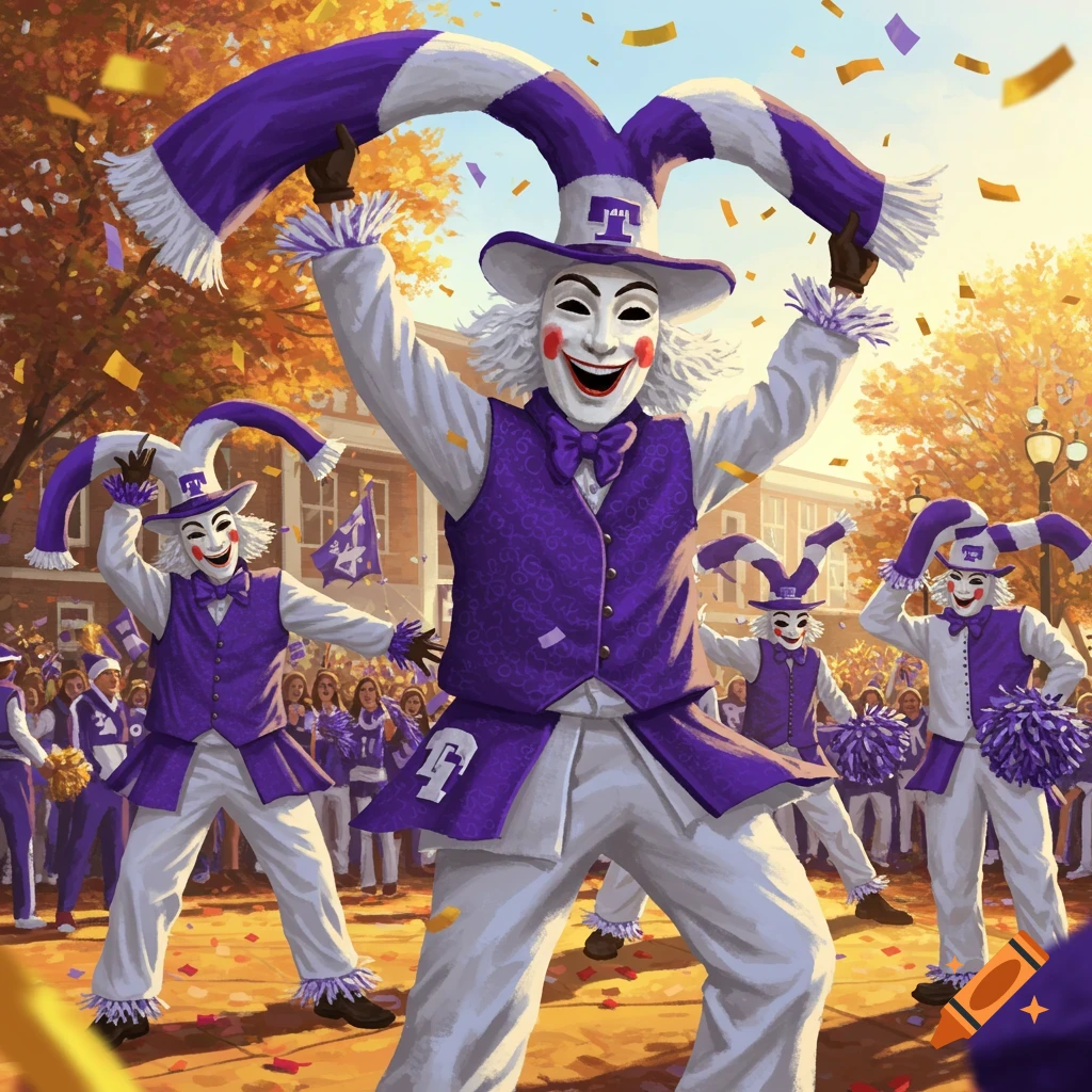 People in purple and white jester costumes with 'T' logos celebrating ...