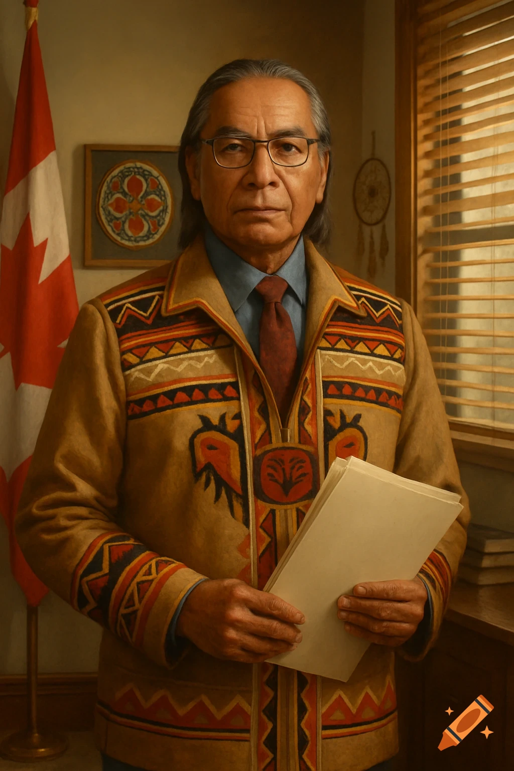 A photorealistic portrait of an Indigenous Canadian man in a patterned ...