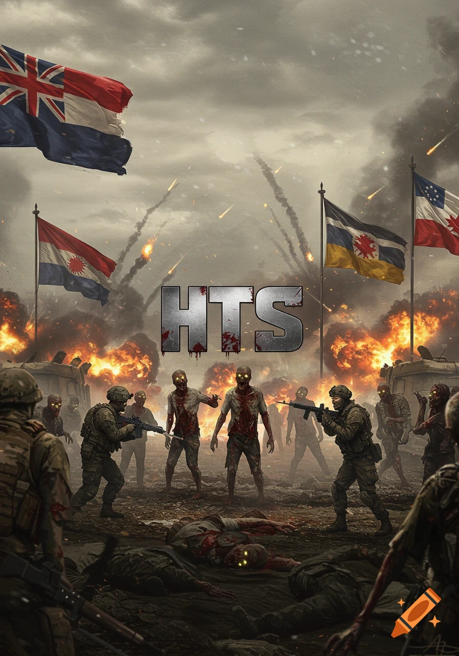 A group of soldiers battles zombies on a fiery, debris-strewn ...