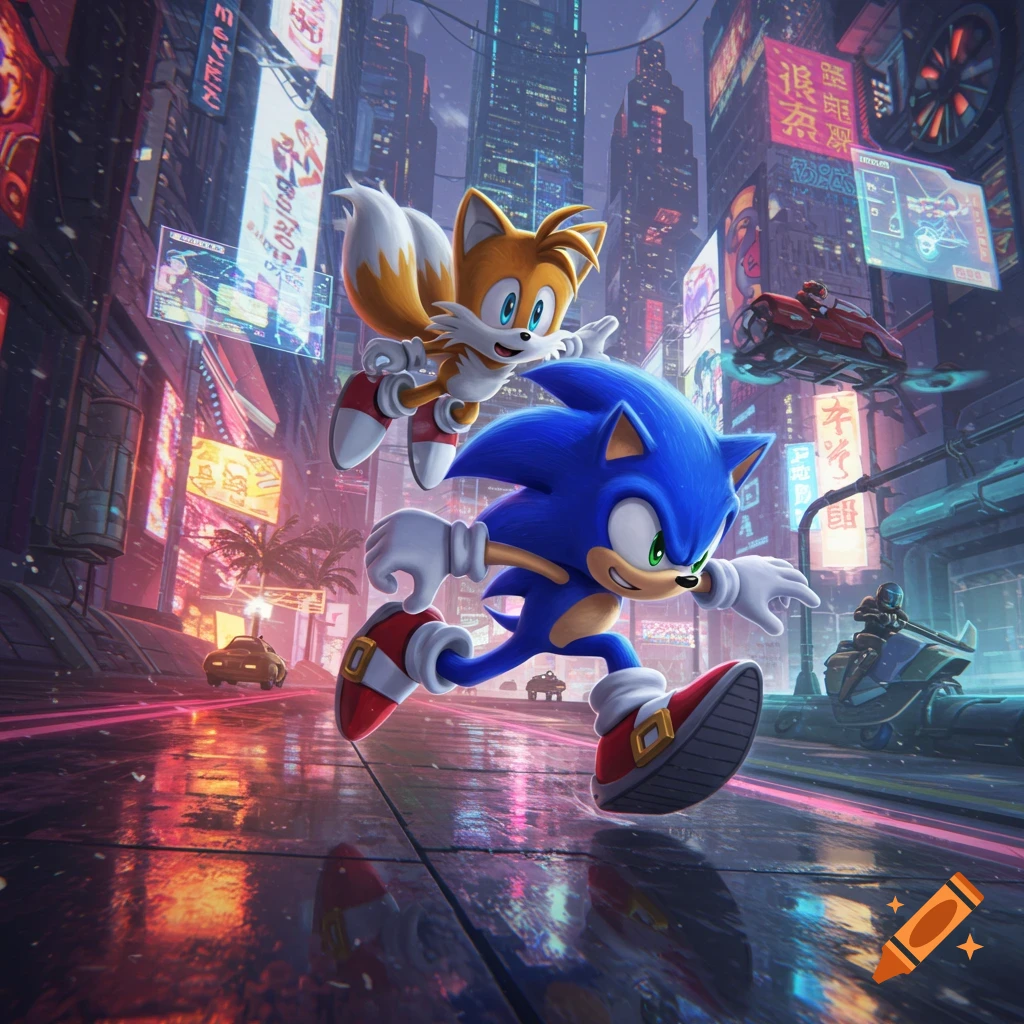Sonic the Hedgehog and Metal Sonic face off in a neon-lit cyberpunk ...