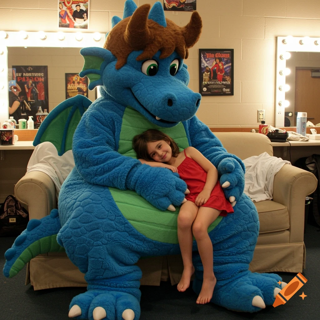 A young girl in a red dress resting on the lap of a blue dragon mascot ...