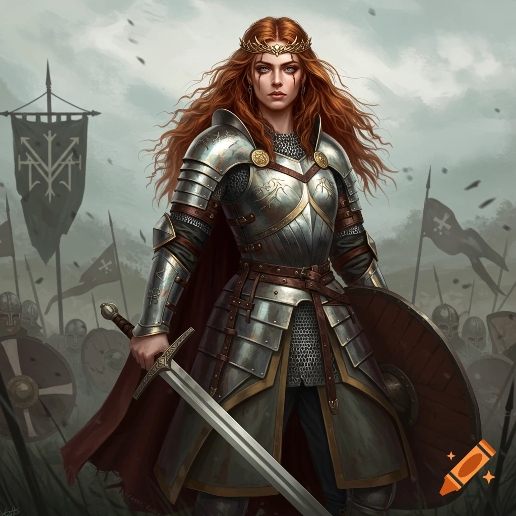Red-haired female warrior in full plate armor with a sword and shield on a battlefield, digital ...