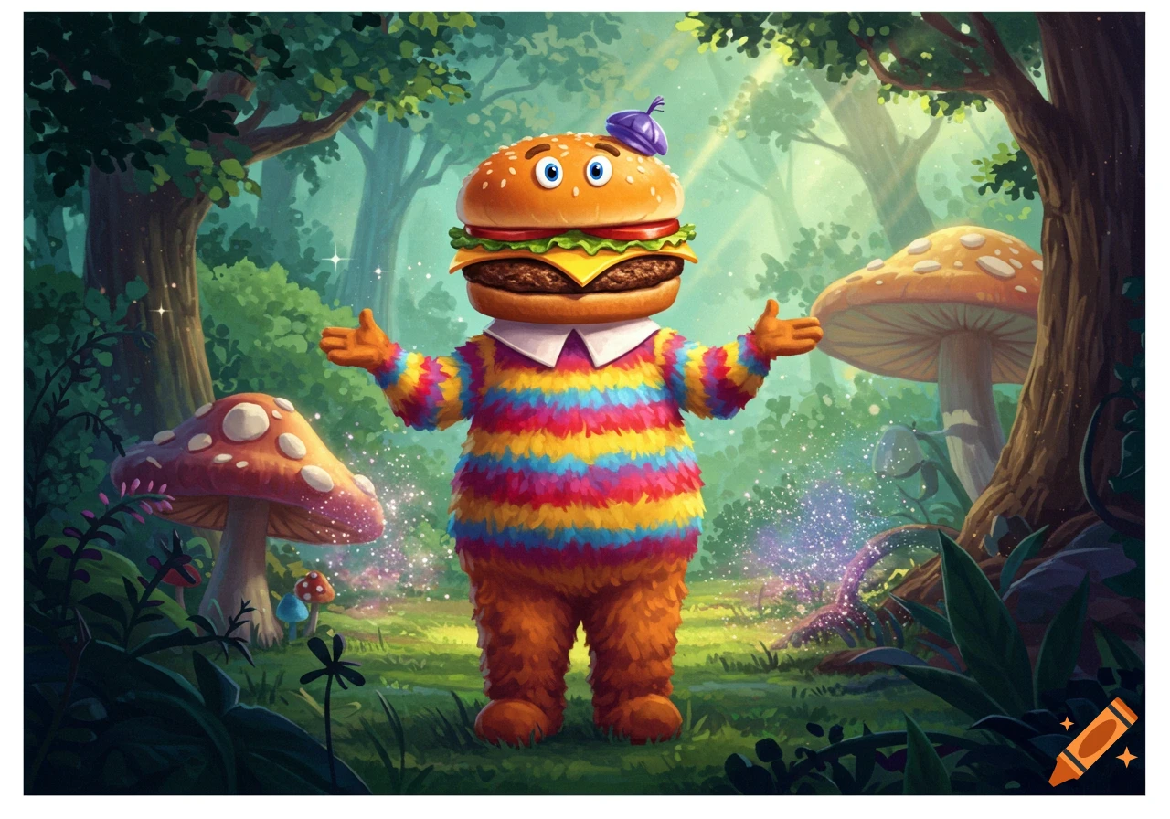 Whimsical character with a cheeseburger head and bacon dreadlocks ...