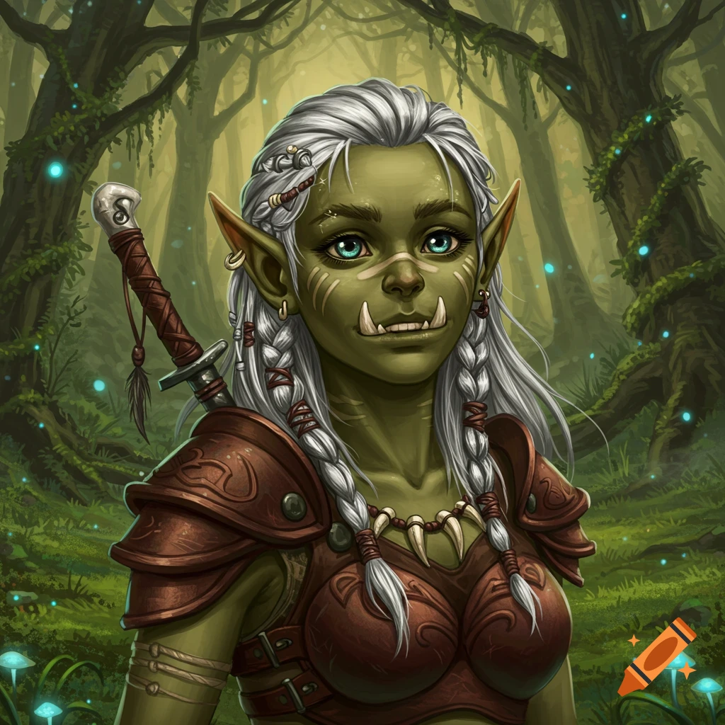 Portrait of a green-skinned orc lady with white braided hair, tusks, and blue eyes, wearing ...