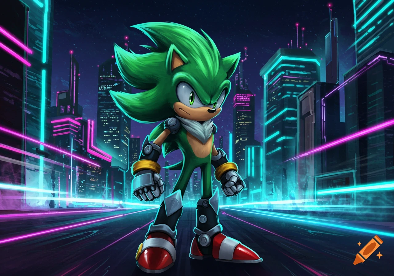 A green hedgehog Sonic OC character stands confidently in a neon-lit ...