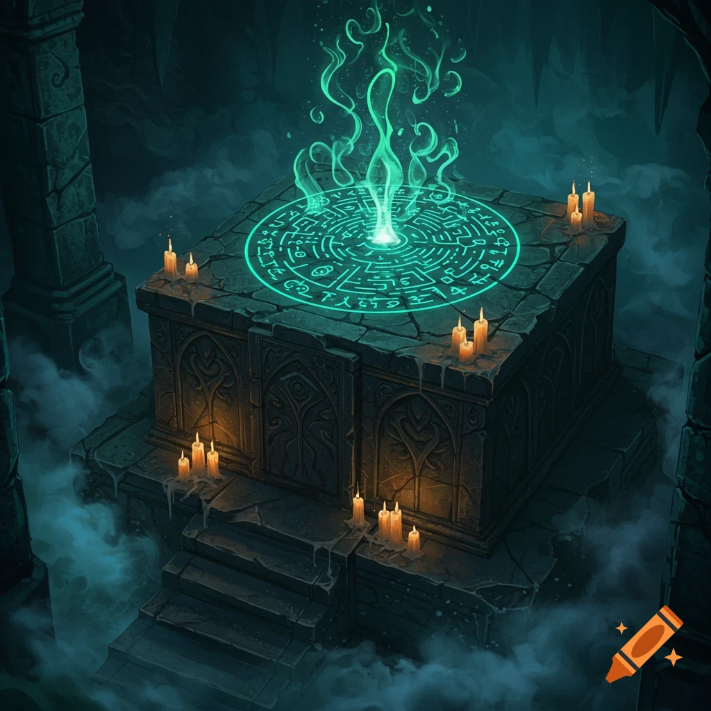 A dark fantasy art image of an ancient stone altar covered in moss with ...