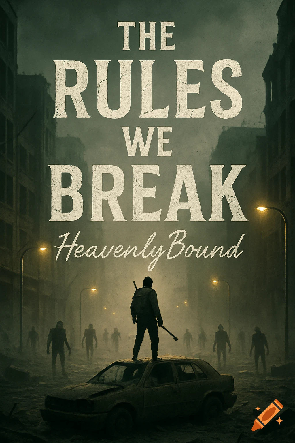 Book cover for 'The Rules We Break' showing a lone figure on a car in a ...