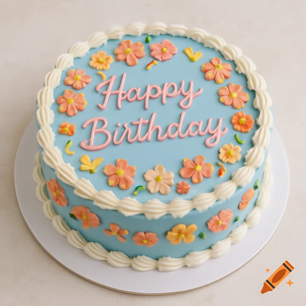 A light blue cake with pink cursive 'Happy Birthday' and small pink ...