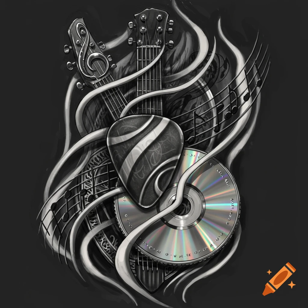 A monochromatic tattoo-style illustration featuring a guitar, music ...