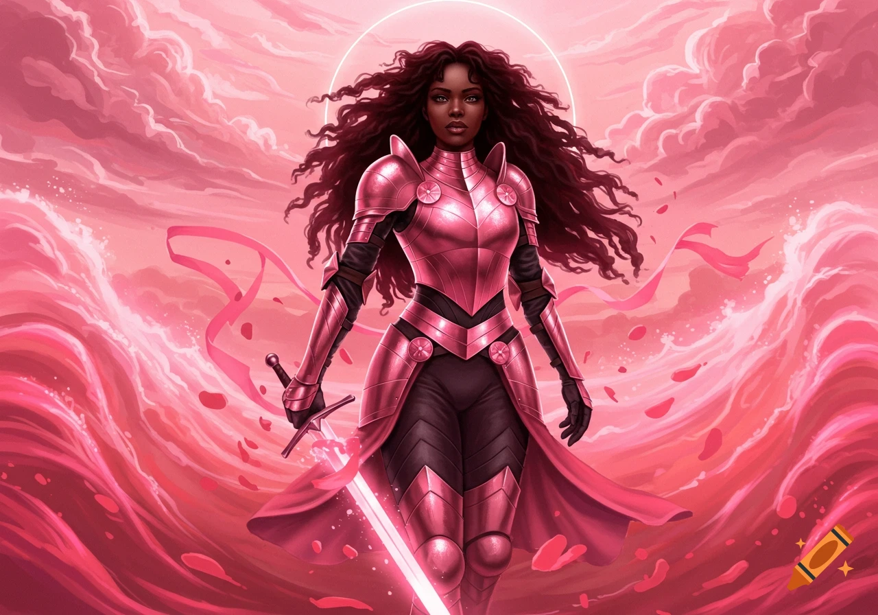 A Black female warrior in pink armor with long flowing hair, holding a ...
