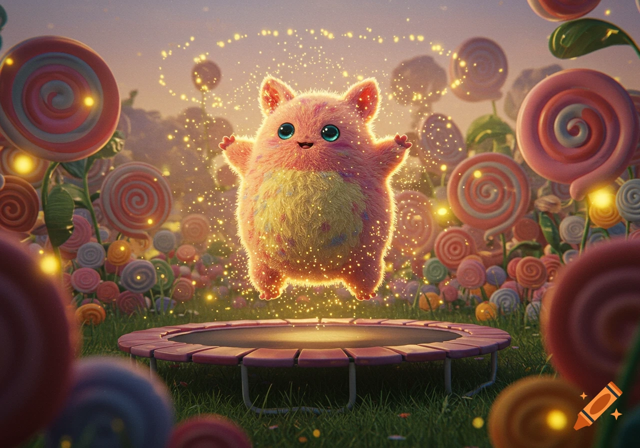 A cute, fluffy pink and yellow creature jumps on a trampoline in a ...