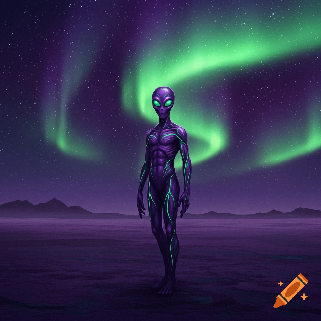 A stylized grey alien with large eyes stands on an alien landscape ...