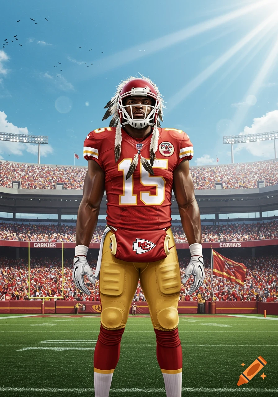 A football player wearing a red and gold uniform with a feathered ...