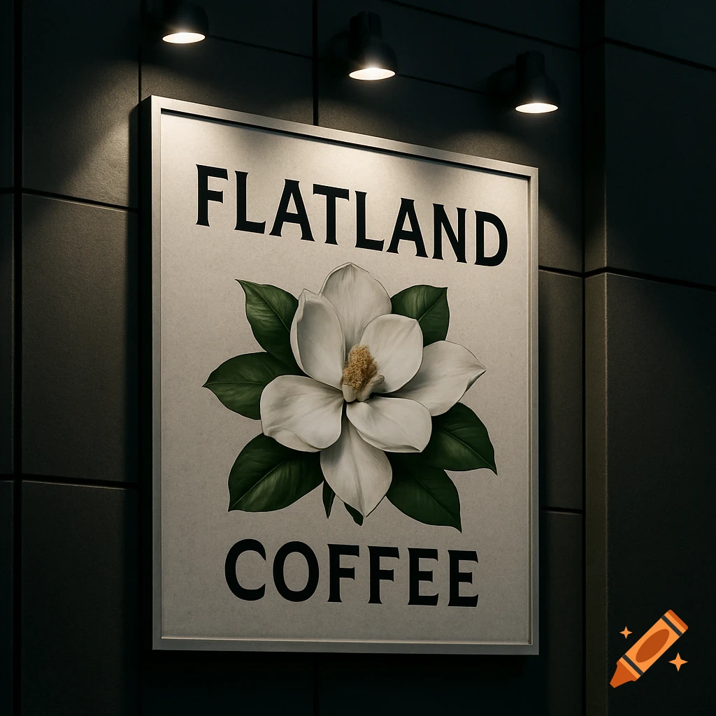 An industrial sign for Flatland Coffee, illuminated by spotlights ...