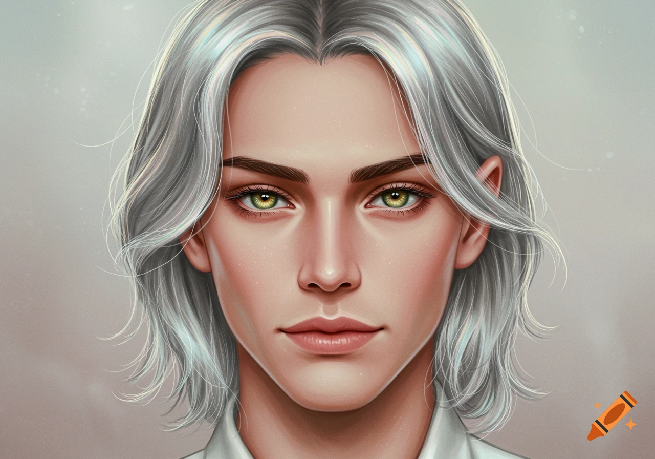 Digital art portrait of a young man with long silver hair, piercing ...