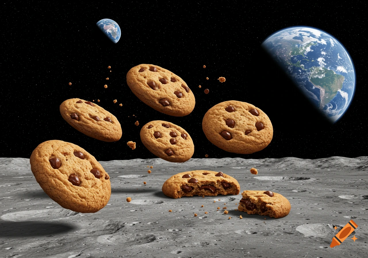 Chocolate chip cookies float above and rest on the moon's surface, with ...