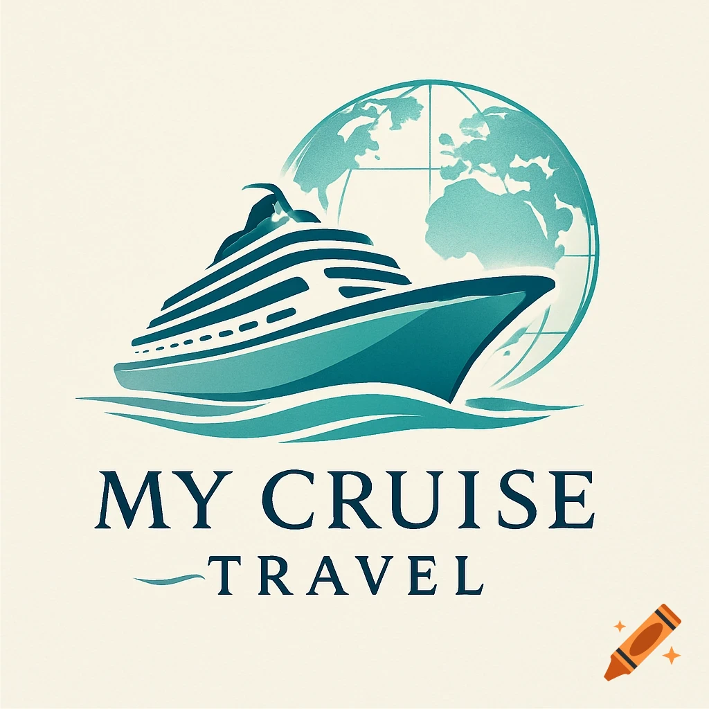 A blue and teal cruise ship logo with a globe behind it and the words ...