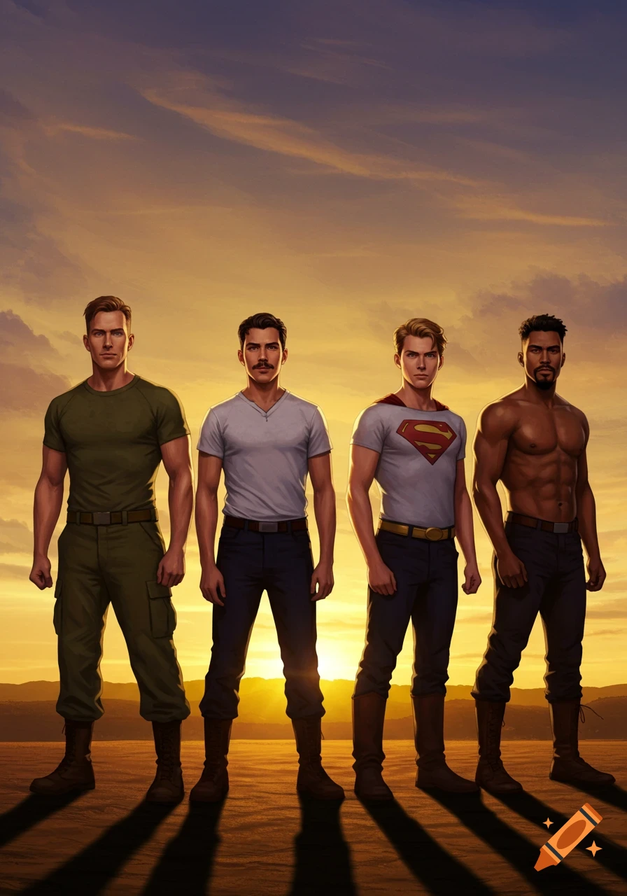 Four men, including one in a Superman shirt, stand heroically against a ...