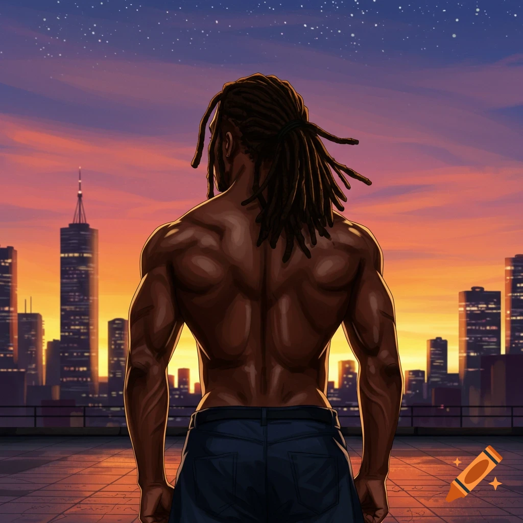 A muscular Black man with dreadlocks, shirtless and in sweatpants ...