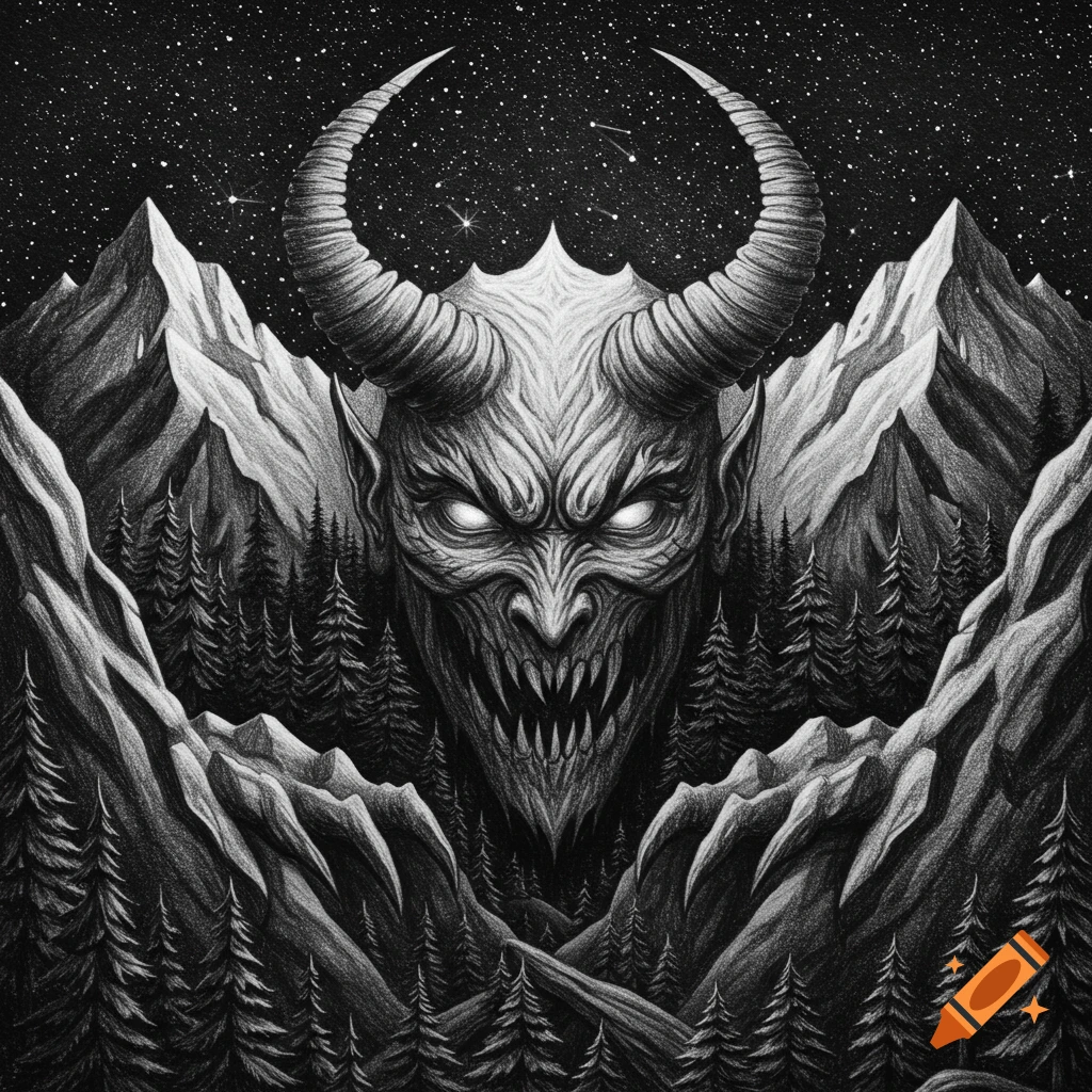 Scary horned devil's face looming over a landscape of mountains and ...