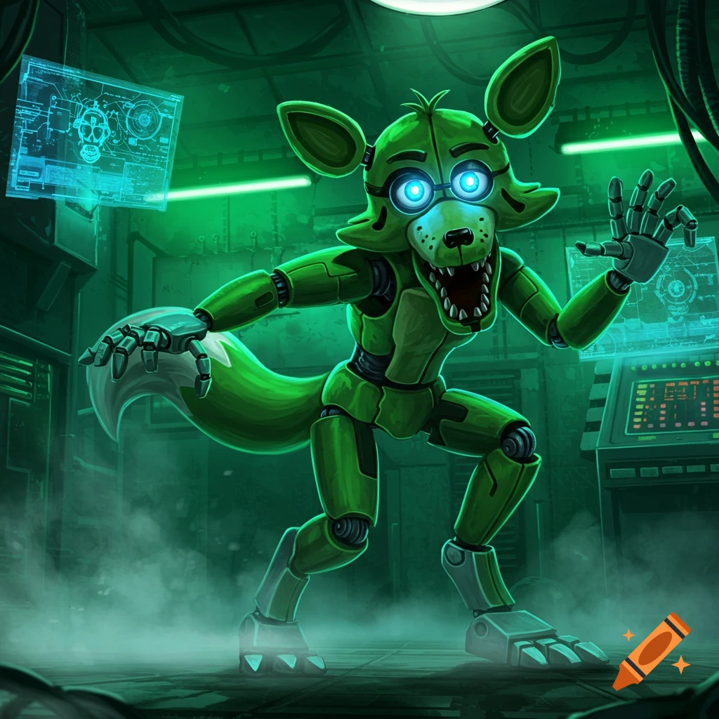 A red animatronic fox character (Foxy from FNAF) stands in a dark ...