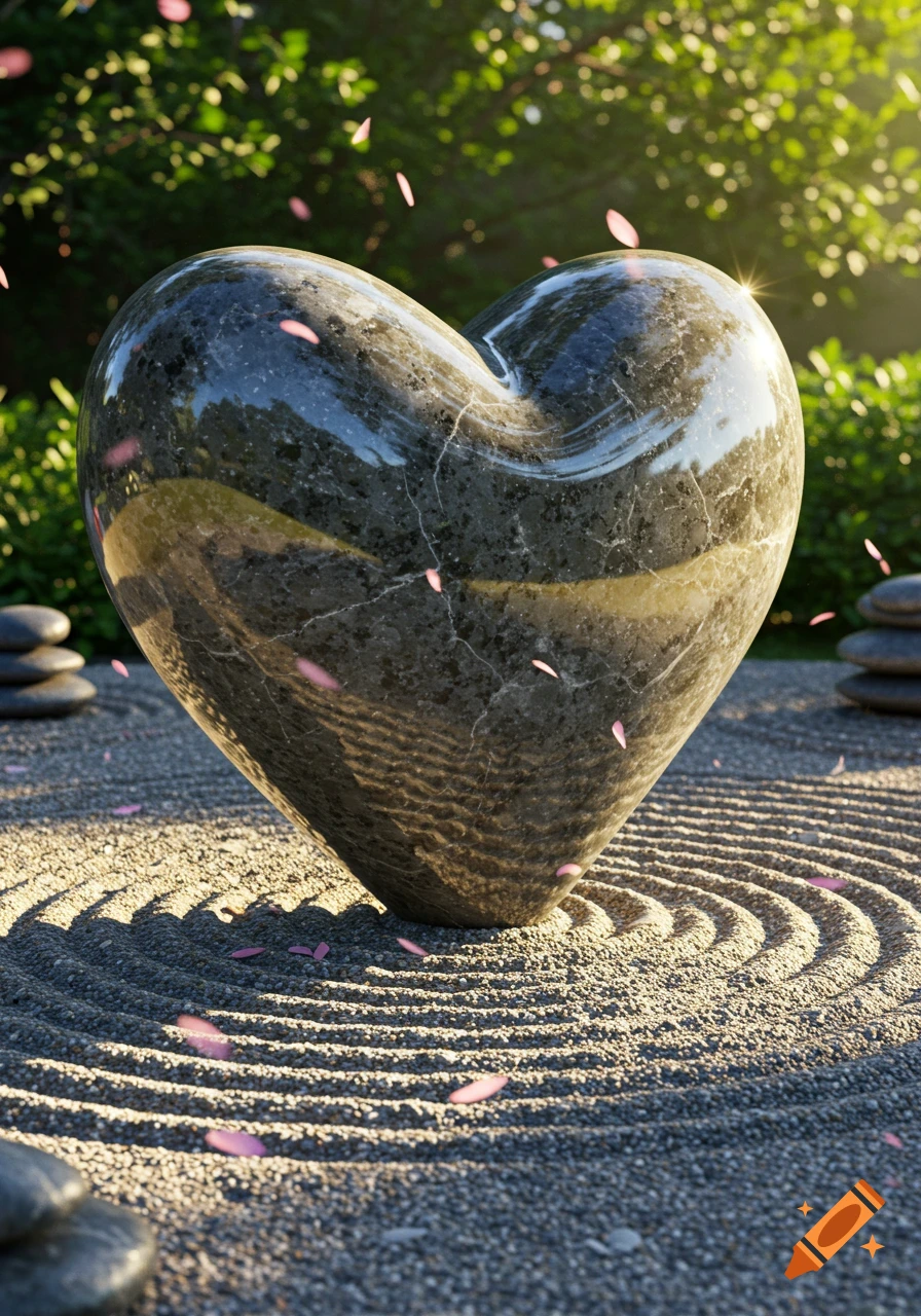 A shiny dark granite heart statue in a zen garden with raked gravel and ...