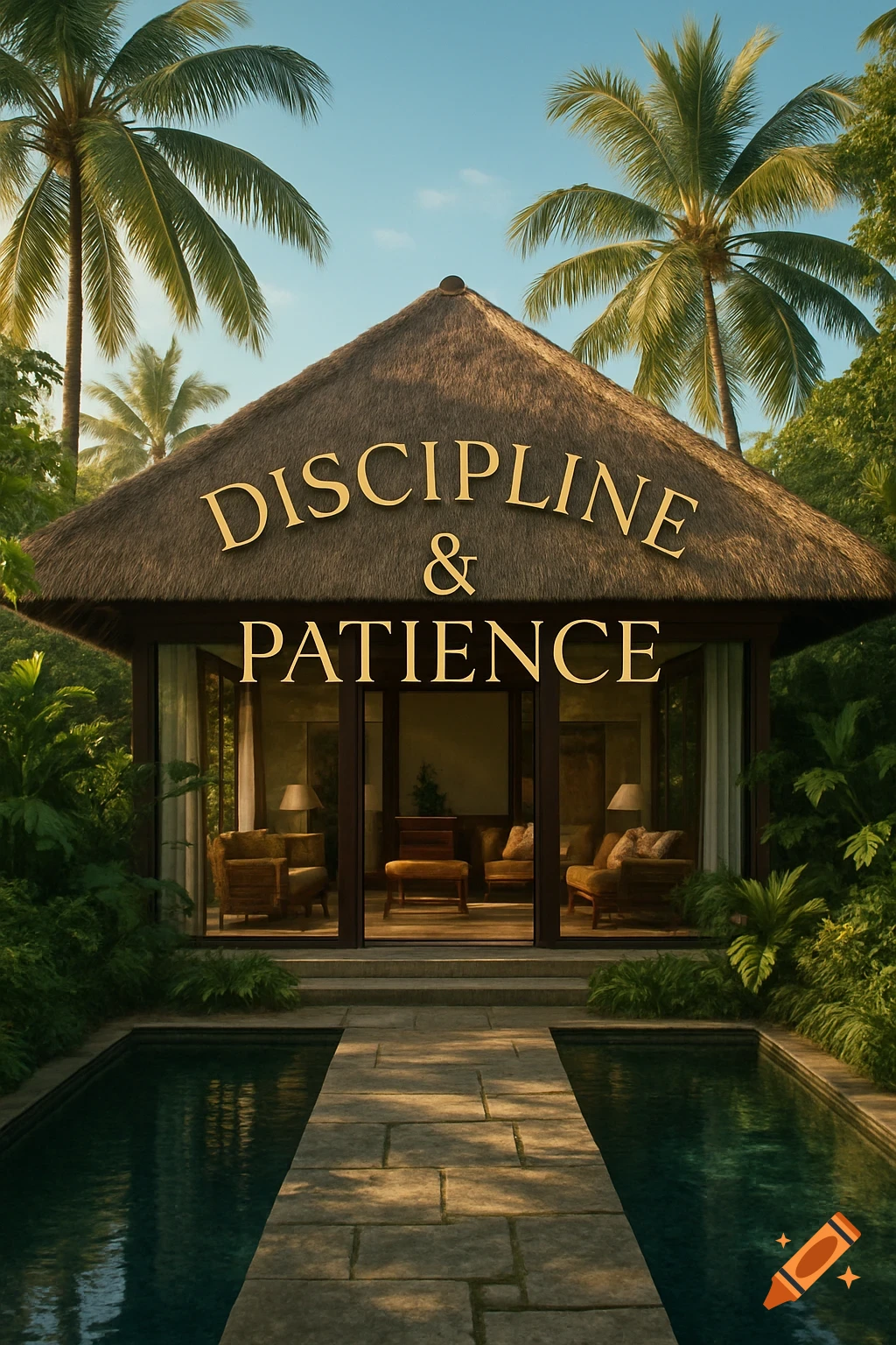 Photorealistic image of a thatched-roof Bali villa with lush tropical ...