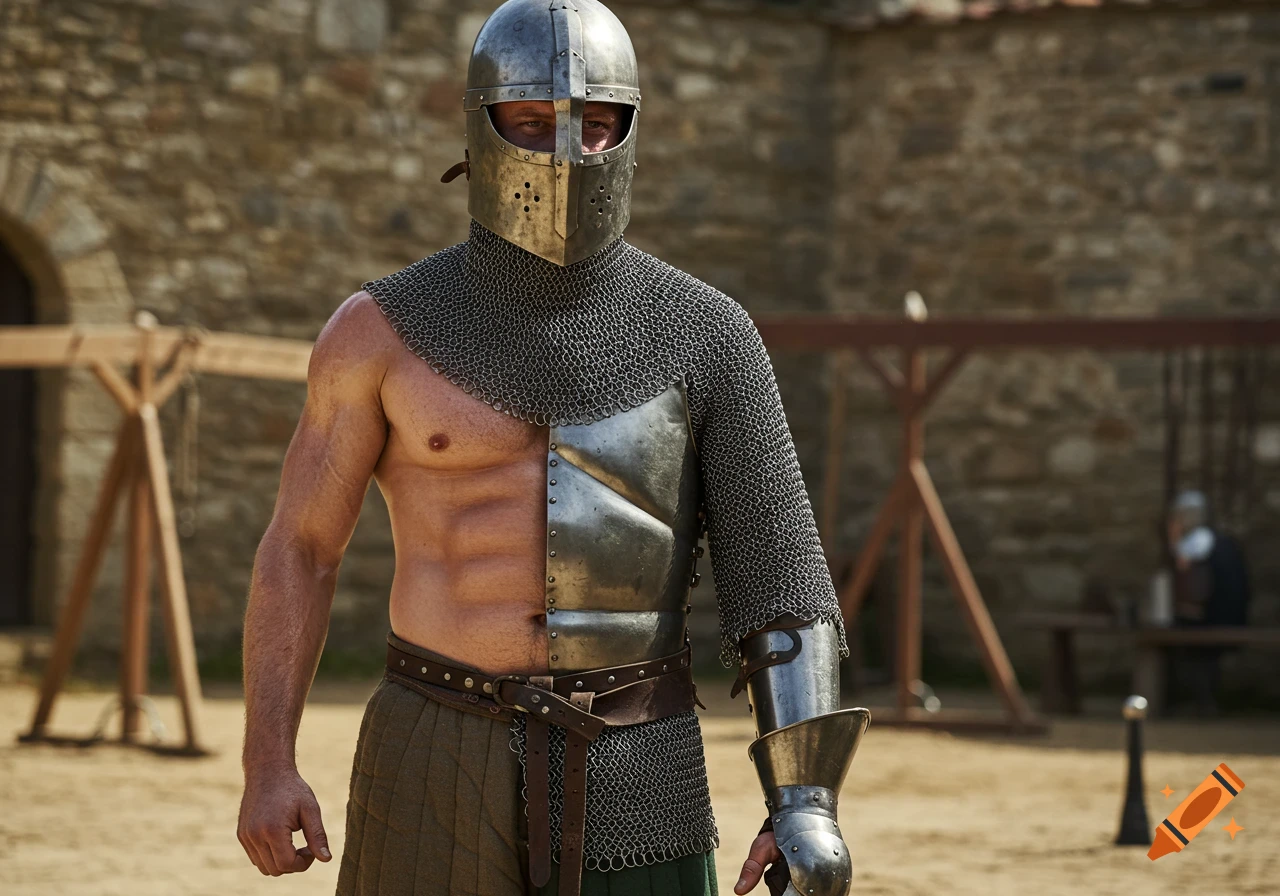 A muscular knight in chainmail and a helmet, with his bare left arm ...
