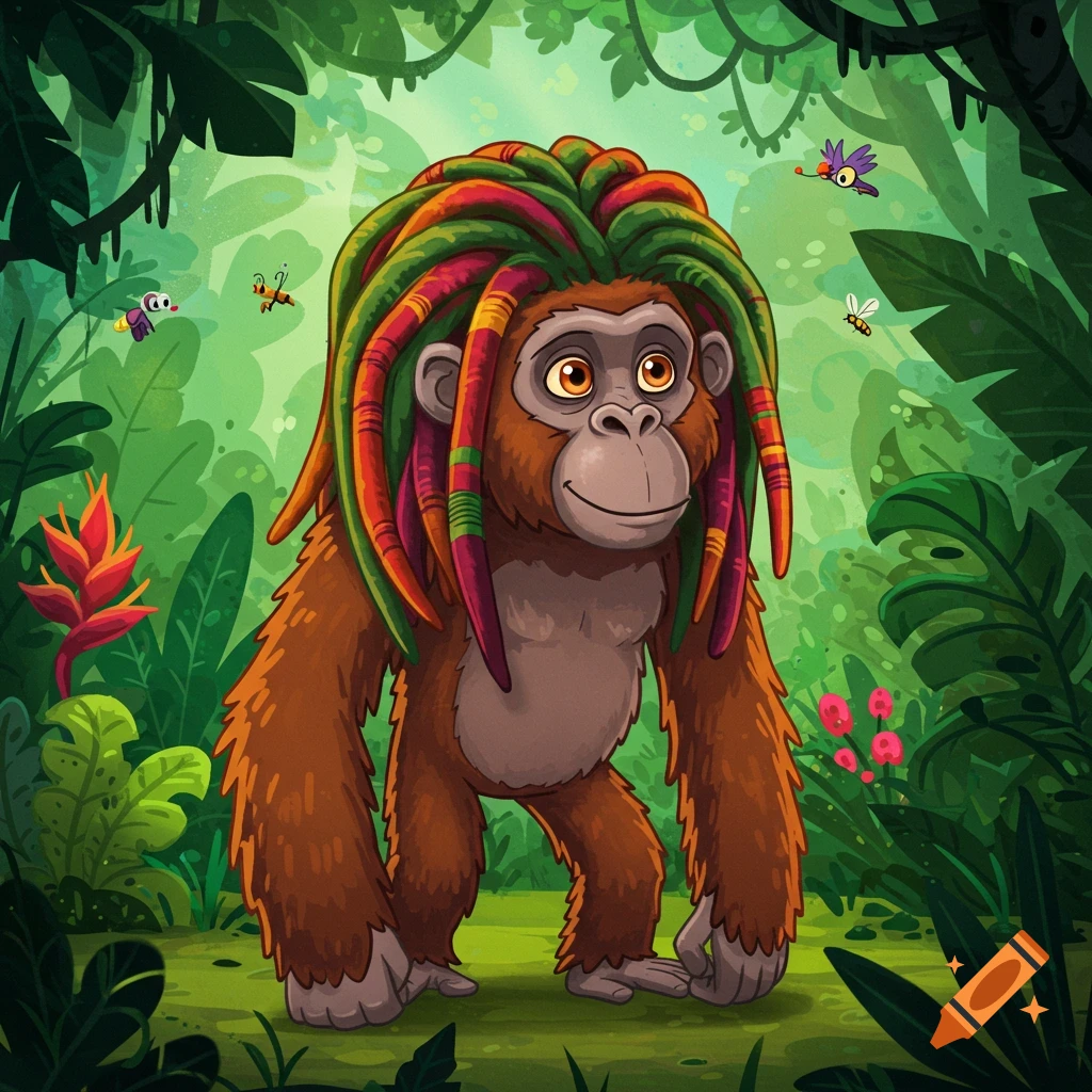 A cartoon ape with colorful dreadlocks stands in a vibrant jungle ...