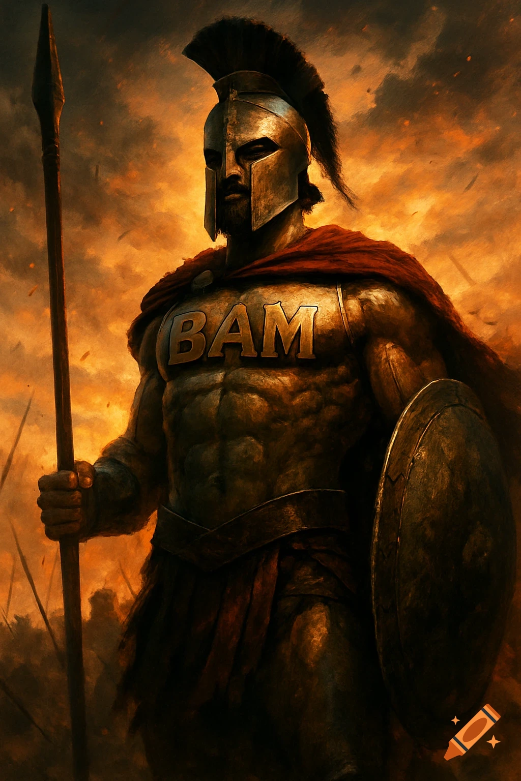 A stoic Spartan warrior in battle-worn armor with "BAM" on his chest ...