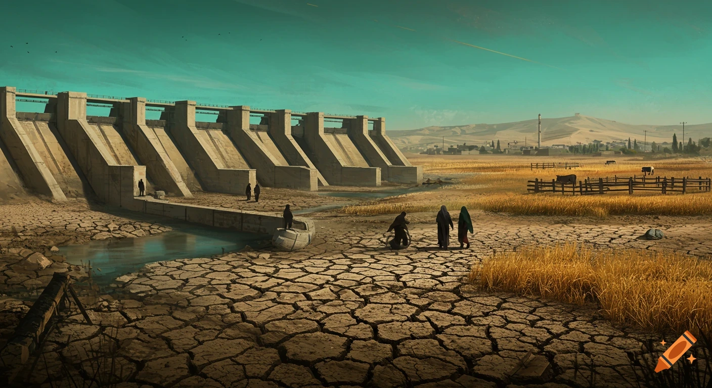 River landscape with symbols illustrating transport of matter ...