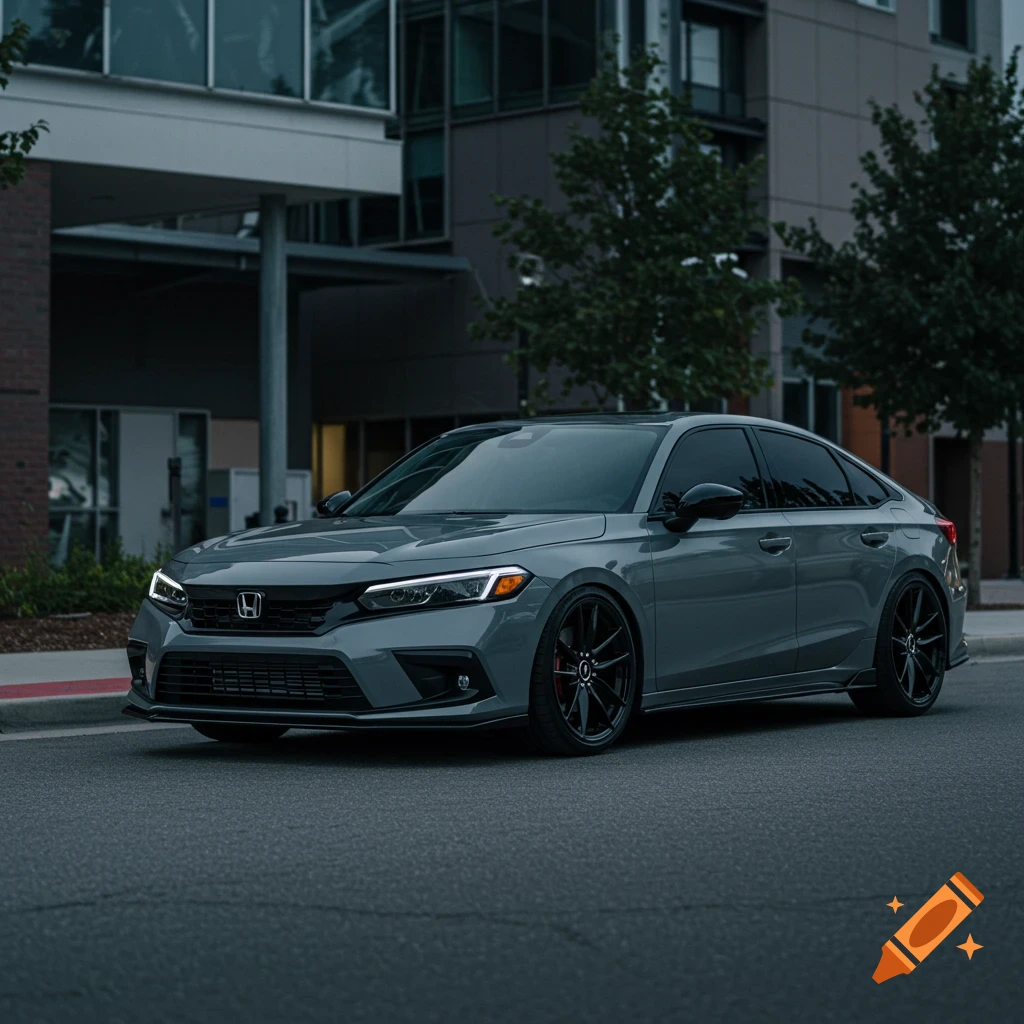 A dark grey modified 2024 Honda Civic sedan with black wheels parked on ...