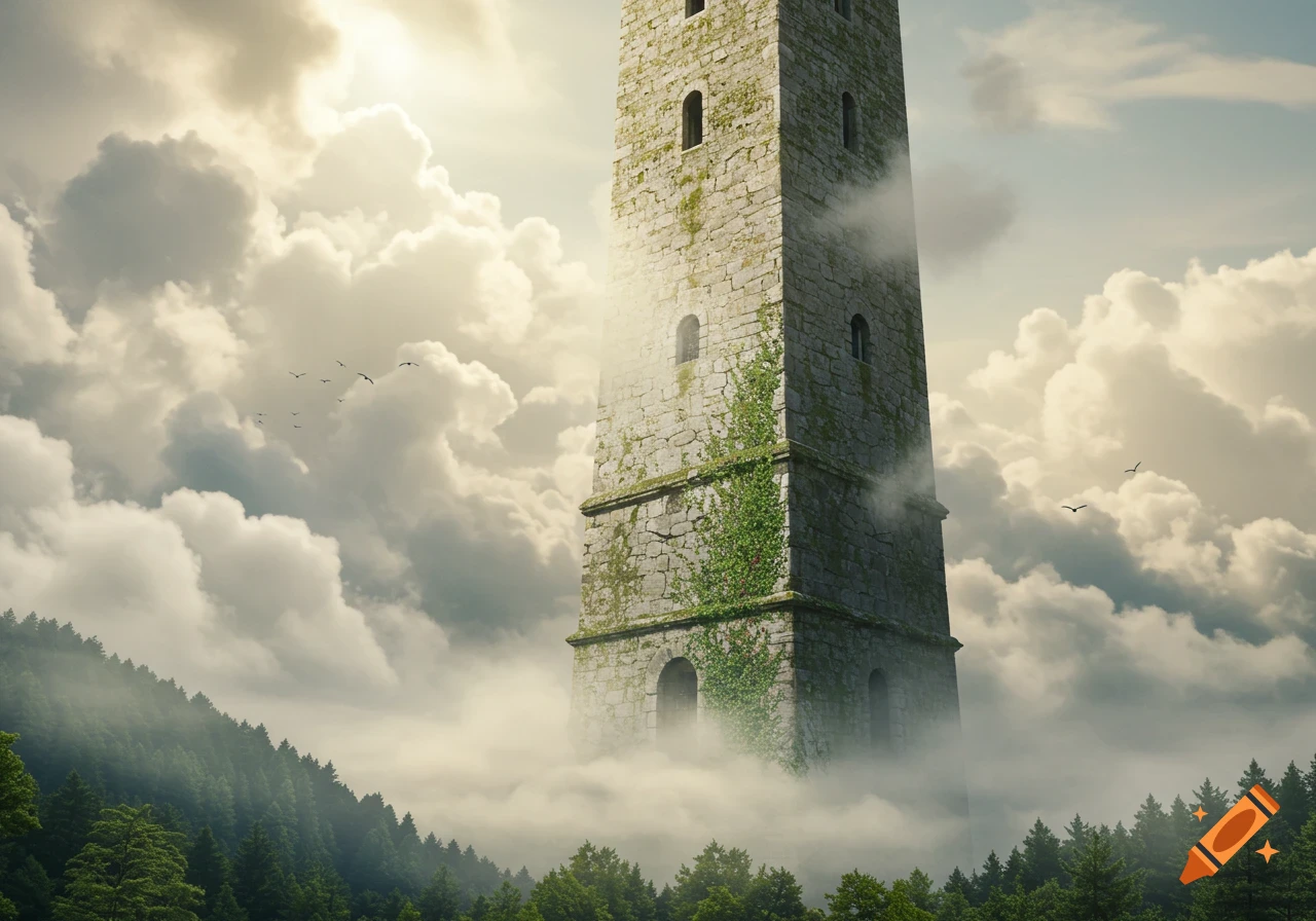 A tall stone tower rises above a misty forest into a cloudy sky with birds. on Craiyon