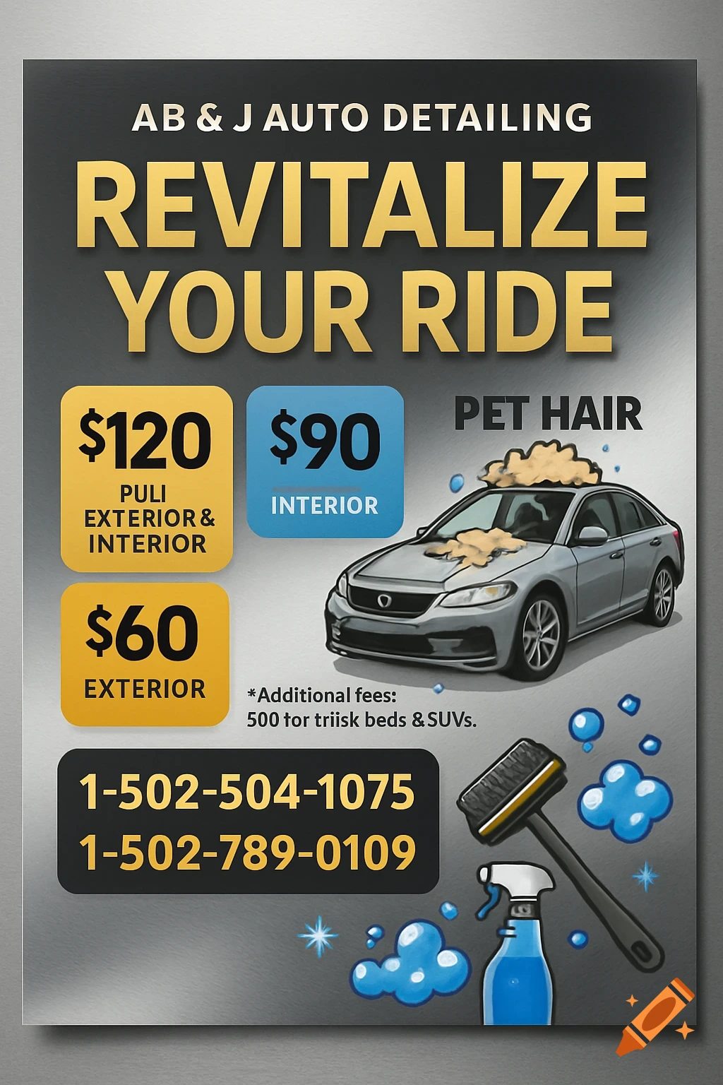 Flyer for AB & J Auto Detailing with prices for exterior, interior, and ...