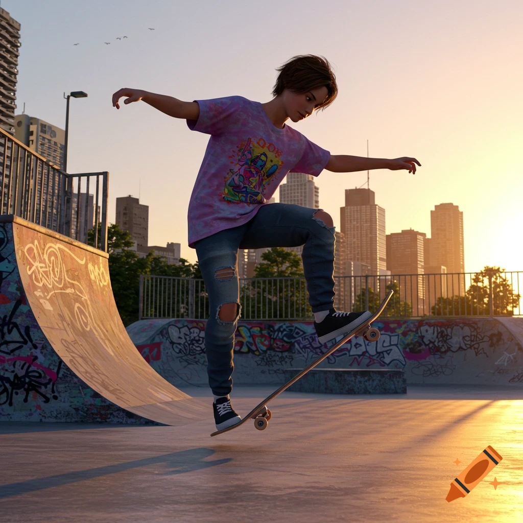 A photorealistic depiction of a teen on a skateboard in a skate park at sunset, with city ...
