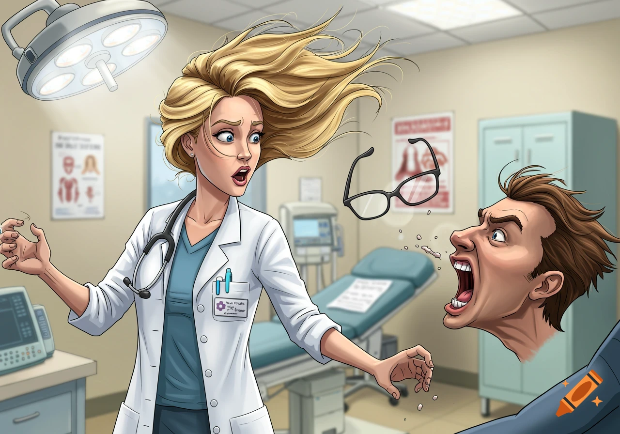 Cartoon illustration of a blonde doctor reacting in shock as a male ...
