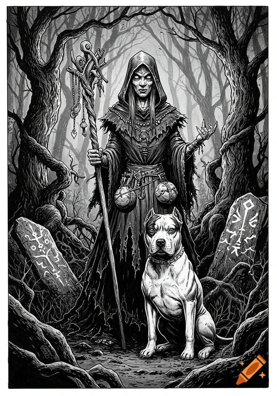 Black and white ink illustration of a gaunt, hooded witch with a ...