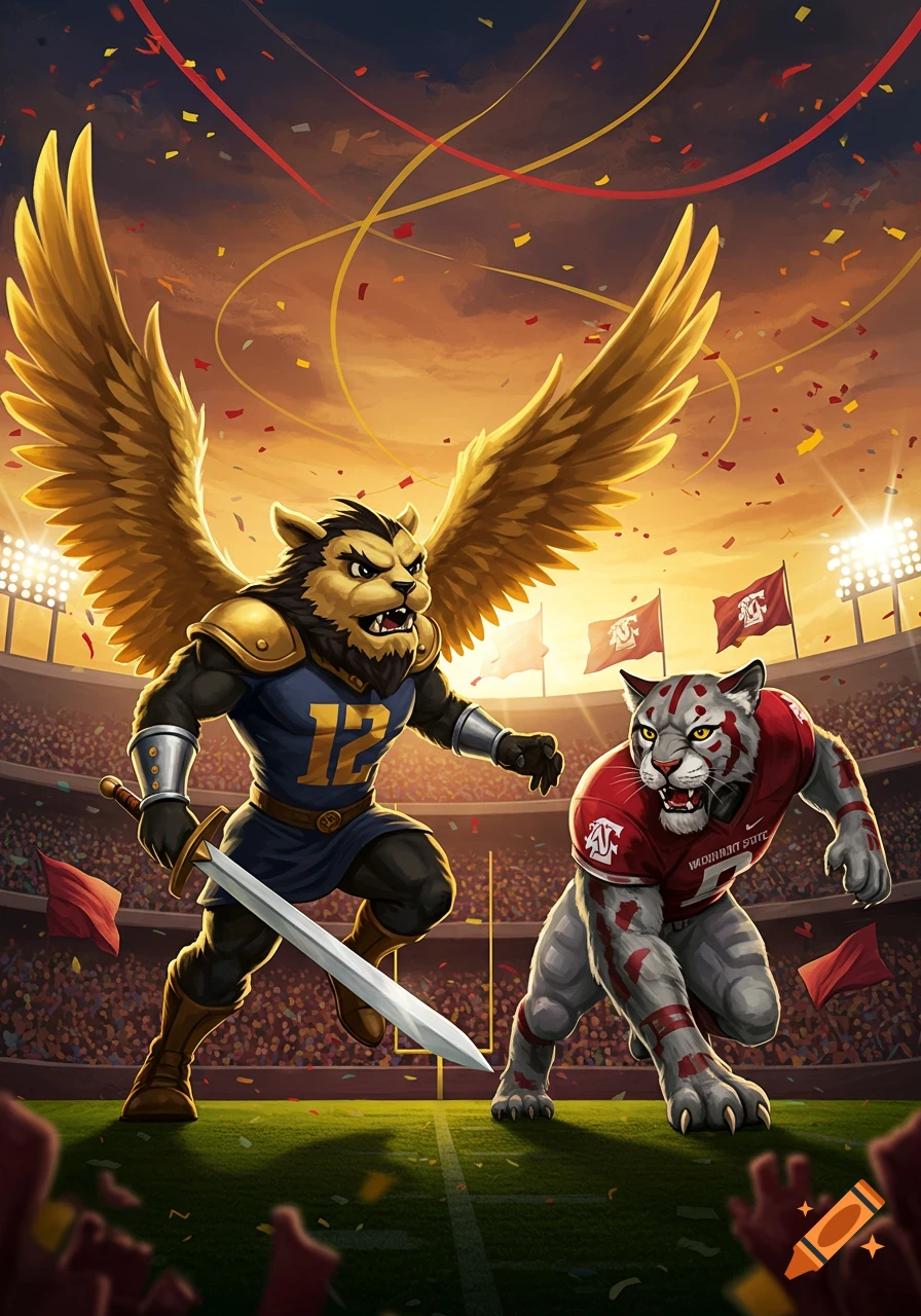 Two anthropomorphic mascots, one a winged lion with a sword and the ...