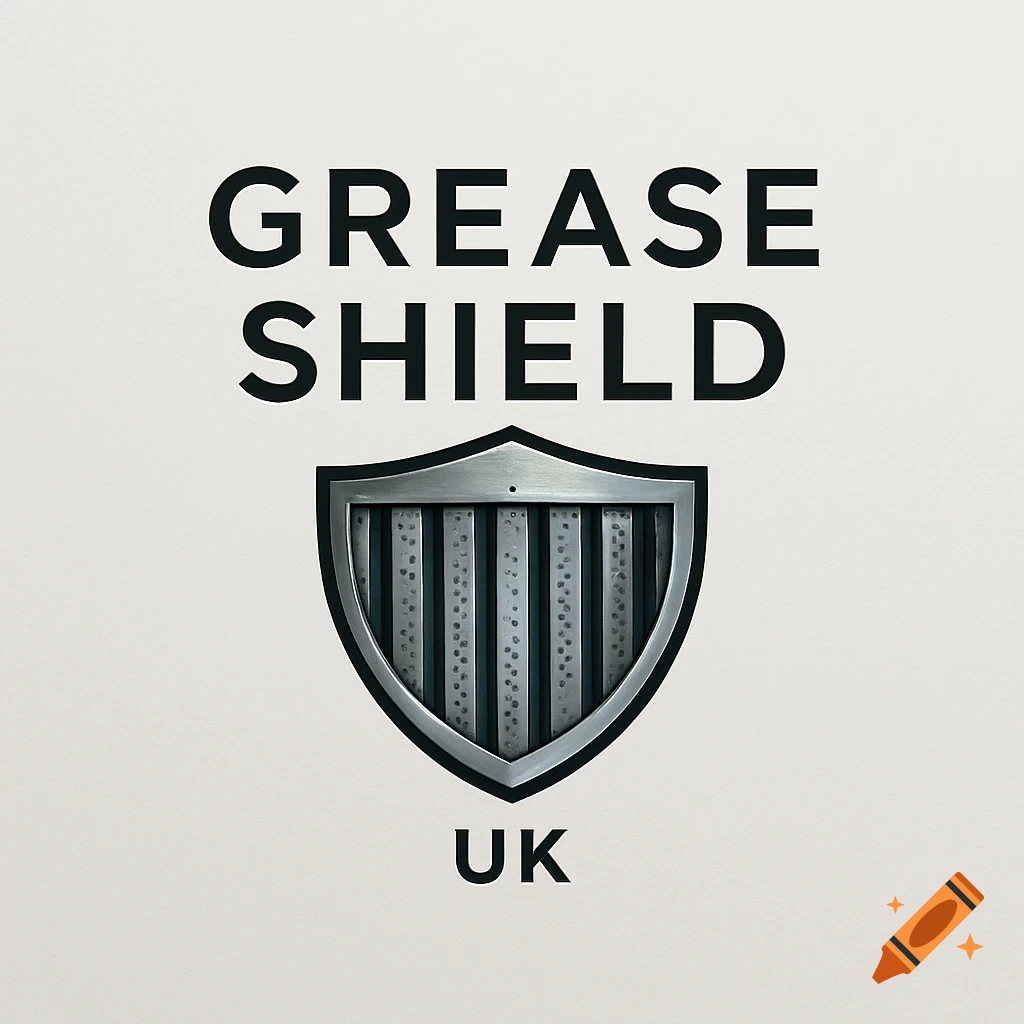 Logo for Grease Shield UK featuring a metallic shield with vertical ...